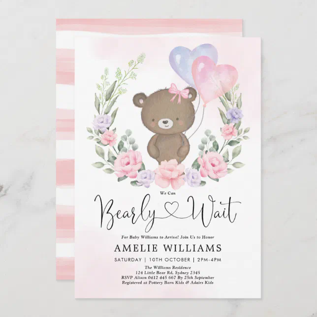 Pink Purple Teddy Bear Balloons Girl Baby Shower Invitation | Zazzle
