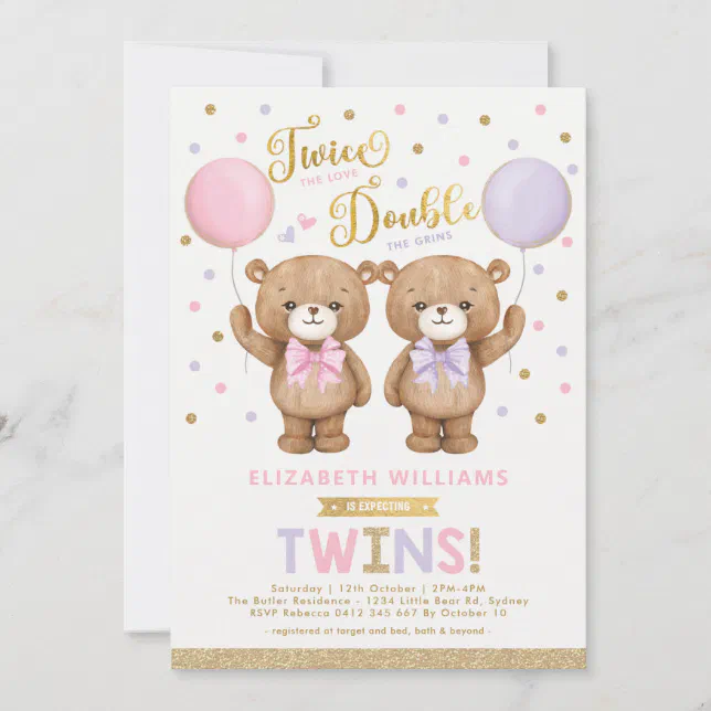 Pink Purple Teddy Bear Twins Balloon Baby Shower Invitation | Zazzle