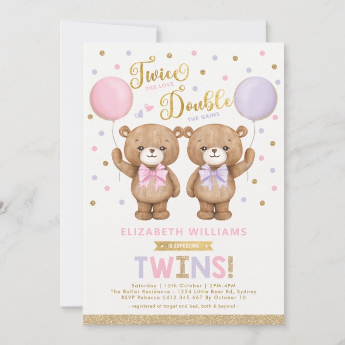 Pink Purple Teddy Bear Twins Balloon Baby Shower Invitation | Zazzle.com