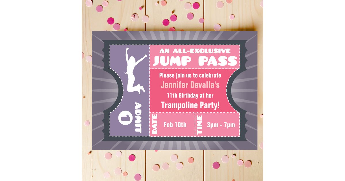 Pink & Purple Trampoline Jump Pass Invitation | Zazzle
