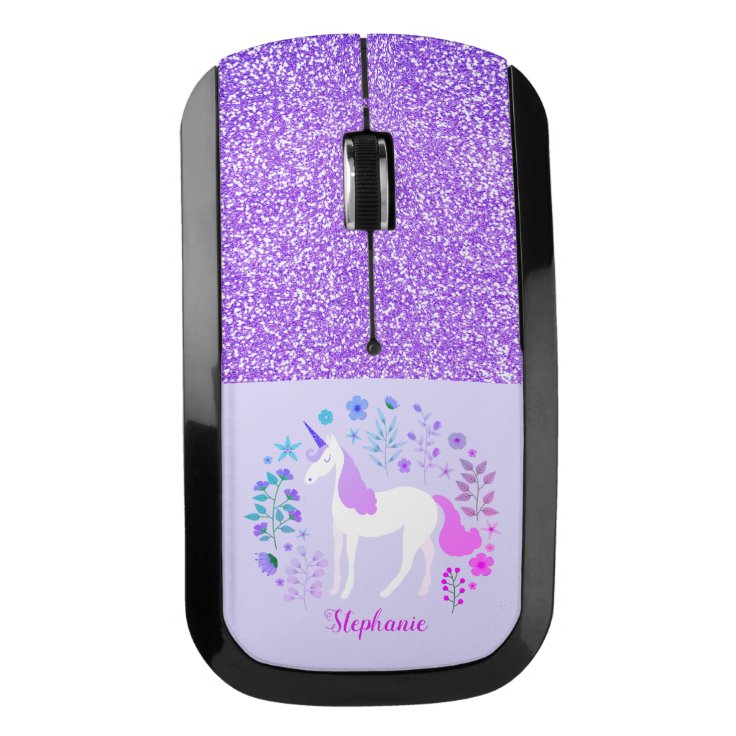 Pink Purple Unicorn Glitter Personalized Wireless Mouse | Zazzle