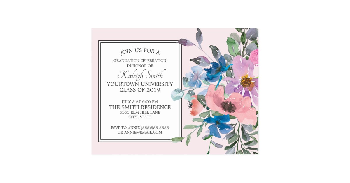 Pink Purple Watercolor Floral Graduation Party Postcard | Zazzle.com