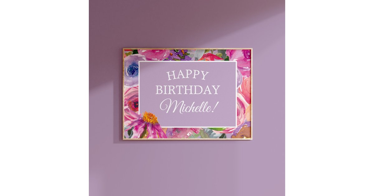 Pink Purple Watercolor Wildflowers Happy Birthday Poster | Zazzle