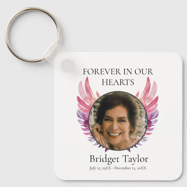 Pink & Purples Angel Wings Funeral Photo Memorial Keychain | Zazzle