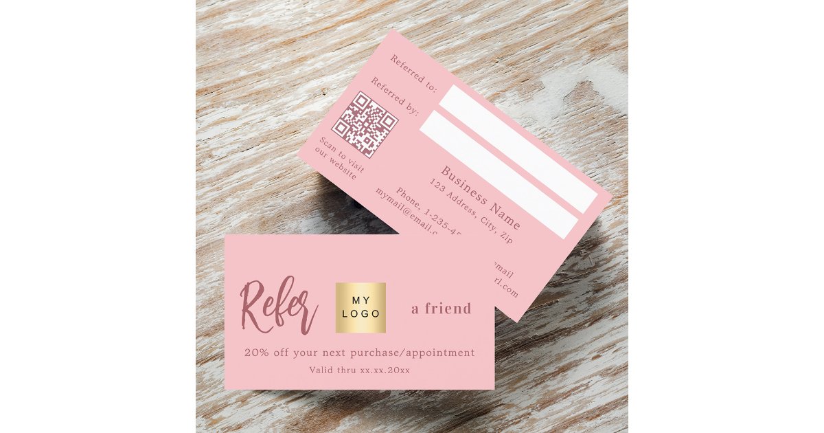 Pink qr code business logo referral card | Zazzle