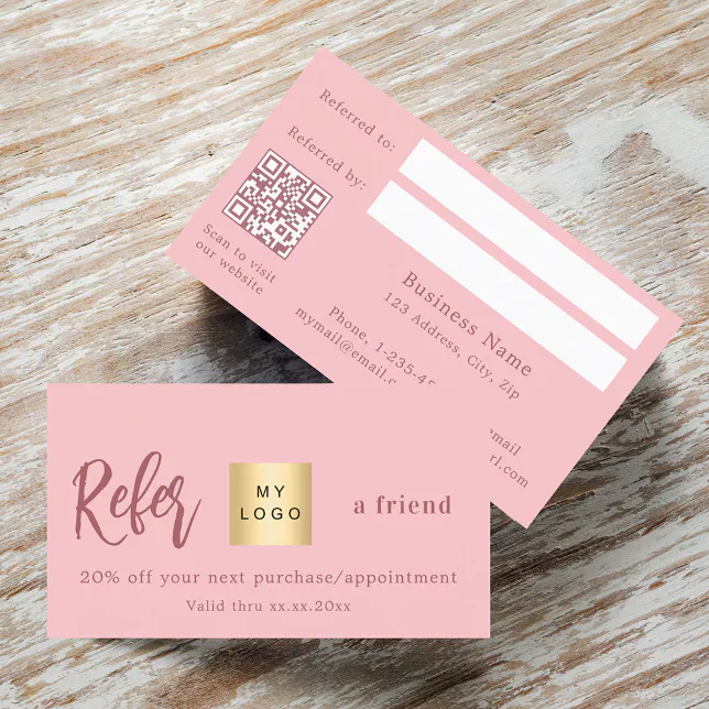 Pink qr code business logo referral card | Zazzle