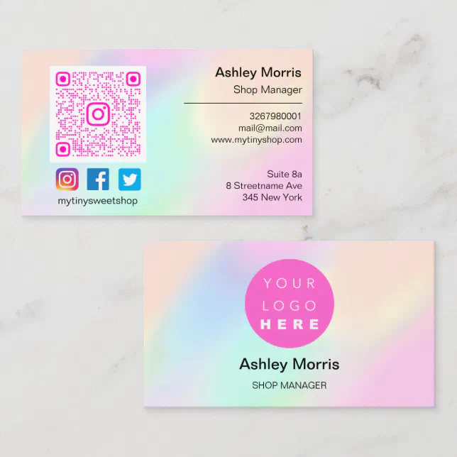 Pink QR Code Logo Social Media Online Blue Business Card | Zazzle