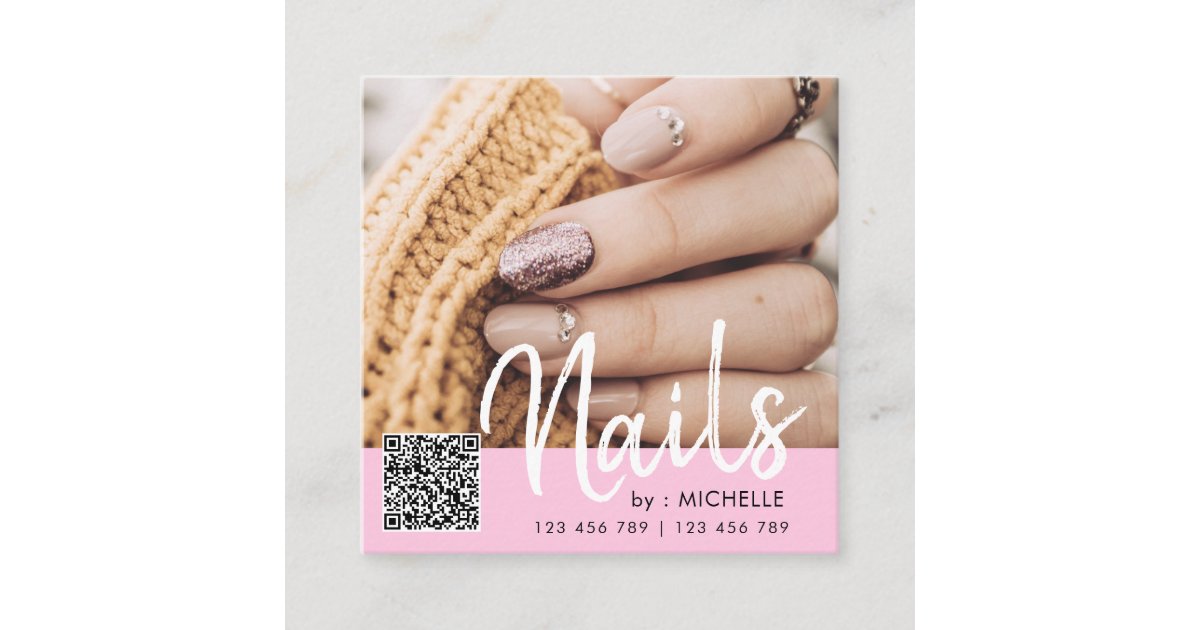 Pink QR code nails photo business cards | Zazzle