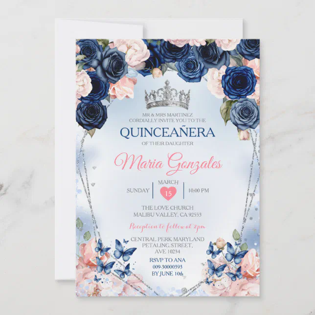 Pink Quinceañera Crown Navy Butterfly 15 Anos Invitation | Zazzle