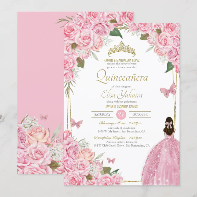 Pink Quinceanera Floral Rose Quince Gown Butterfly Invitation | Zazzle