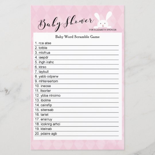 Pink Rabbit Baby Shower Word Search Game | Zazzle.com