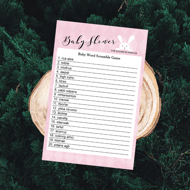 Pink Rabbit Baby Shower Word Search Game | Zazzle