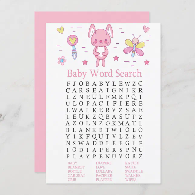 Pink Rabbit Baby Shower Word Search Game Invitation | Zazzle