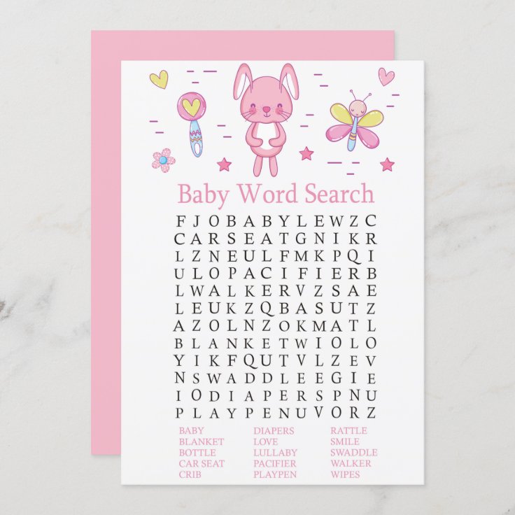 Pink Rabbit Baby Shower Word Search Game Invitation | Zazzle