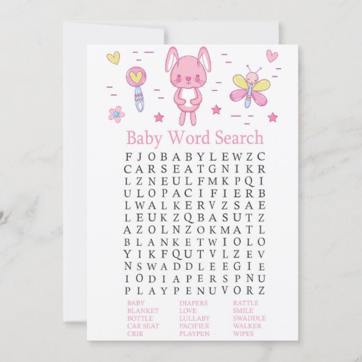 Pink Rabbit Baby Shower Word Search Game Invitation | Zazzle