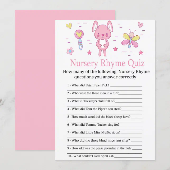 Pink Rabbit Nursery Rhyme Quiz baby shower game Invitation | Zazzle