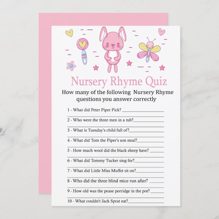 Pink Rabbit Nursery Rhyme Quiz baby shower game Invitation | Zazzle