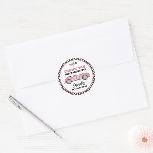 Pink Race Car Fast One Girl Birthday Party Classic Round Sticker | Zazzle