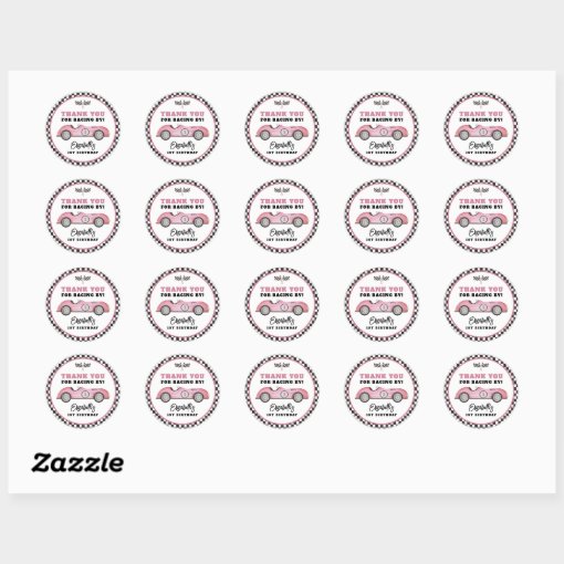 Pink Race Car Fast One Girl Birthday Party Classic Round Sticker | Zazzle
