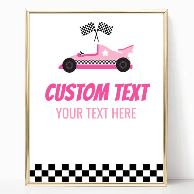 Pink Race Car Racecar Custom Text Party Sign | Zazzle