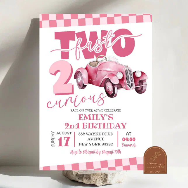 Pink Racing Car Two Fast Two Curious 2nd Birthday Invitation | Zazzle