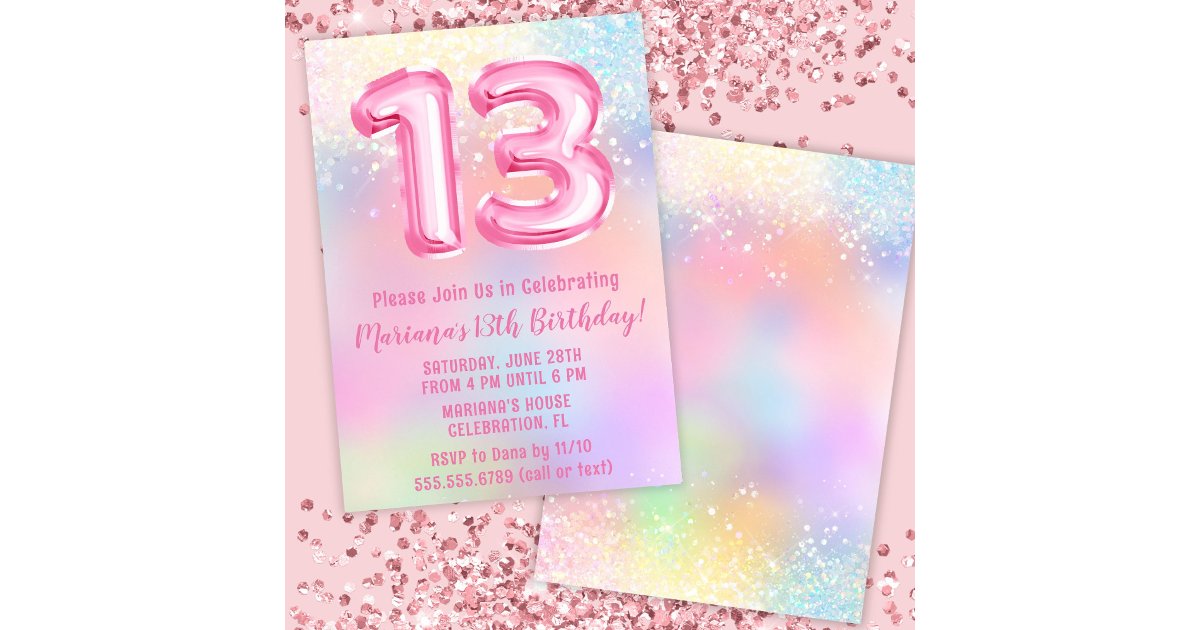 Pink Rainbow 13th Birthday Invitation | Zazzle