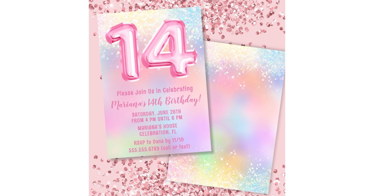 Pink Rainbow 14th Birthday Invitation | Zazzle
