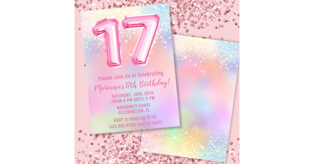 Pink Rainbow 17th Birthday Invitation | Zazzle