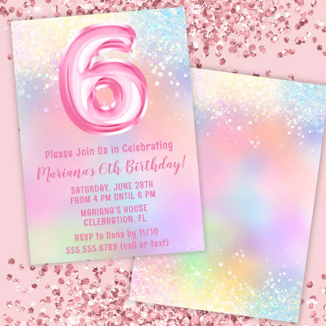 Pink Rainbow 6th Birthday Invitation | Zazzle