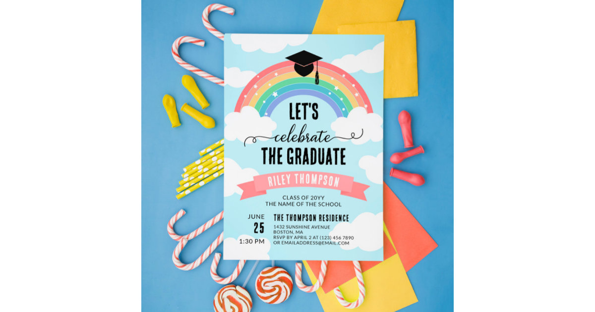 Pink Rainbow Clouds Let's Celebrate the Graduate Invitation | Zazzle