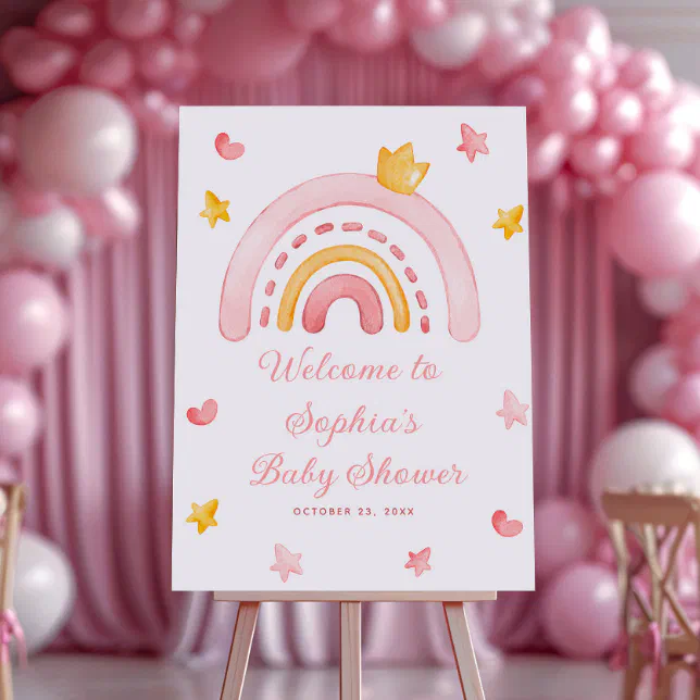 Pink Rainbow Girl Baby Shower Welcome Sign | Zazzle