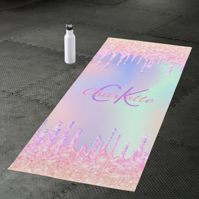 Pink rainbow glitter drips holographic monogram yoga mat | Zazzle