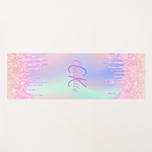 Pink rainbow glitter drips holographic monogram yoga mat | Zazzle