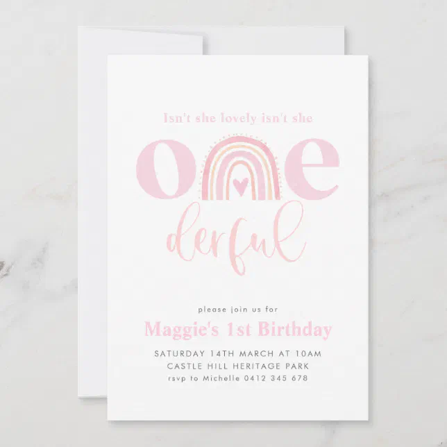 Pink Rainbow ONEderful Girl's 1st Birthday Invitation | Zazzle