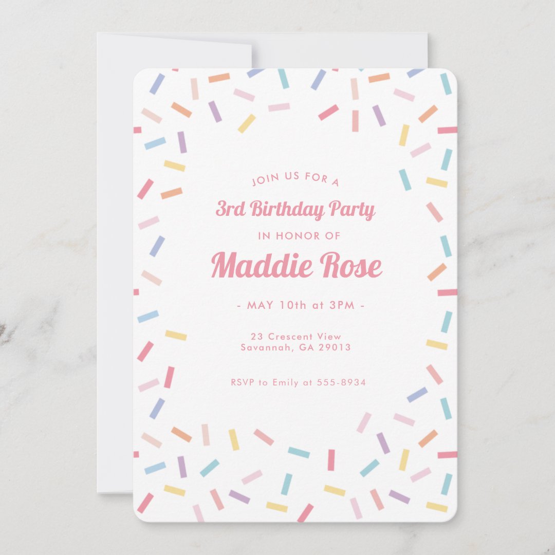 Pink Rainbow Sprinkles Birthday Invitation | Zazzle