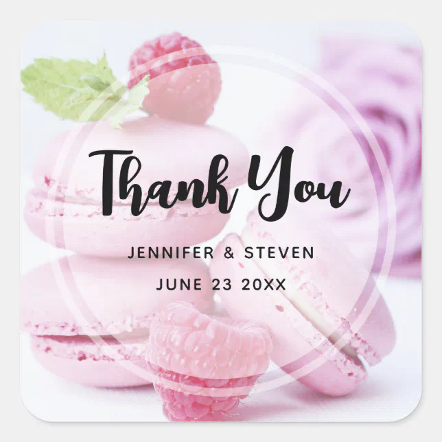 Pink Raspberry Macarons French Pastry Thank You Square Sticker | Zazzle