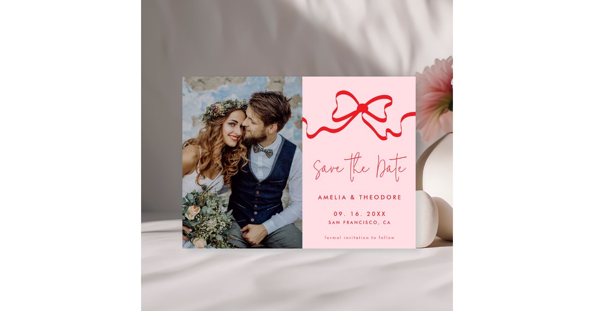 Pink Red Bow Modern Photo Wedding Save The Date | Zazzle