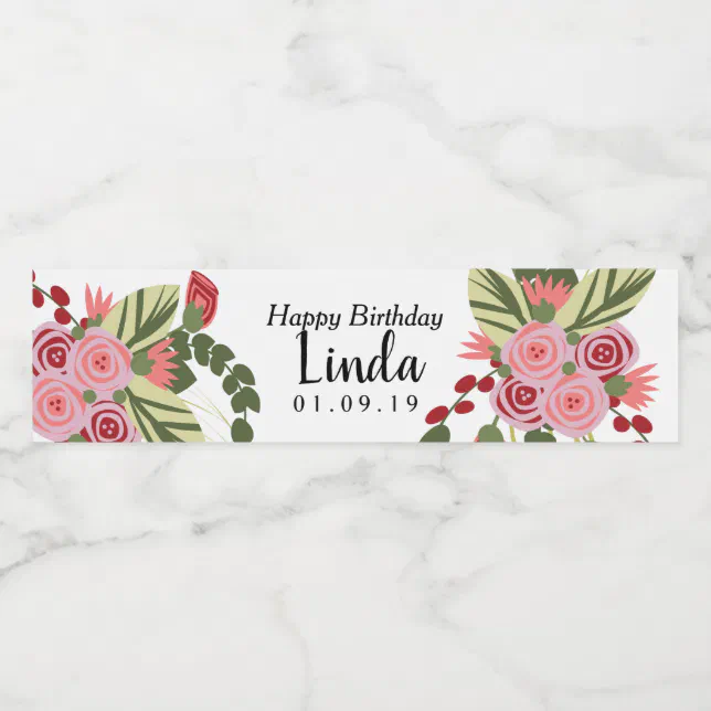 Pink Red Florals Happy Birthday Water Bottle Label | Zazzle