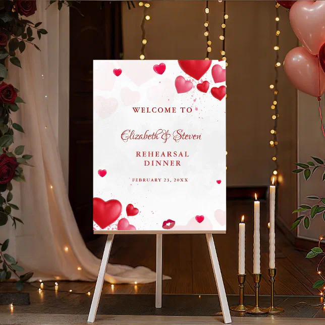 Pink red heart Valentine Rehearsal dinner Welcome Foam Board | Zazzle