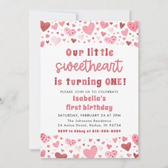 Pink Red Hearts Little Sweetheart First Birthday Invitation | Zazzle