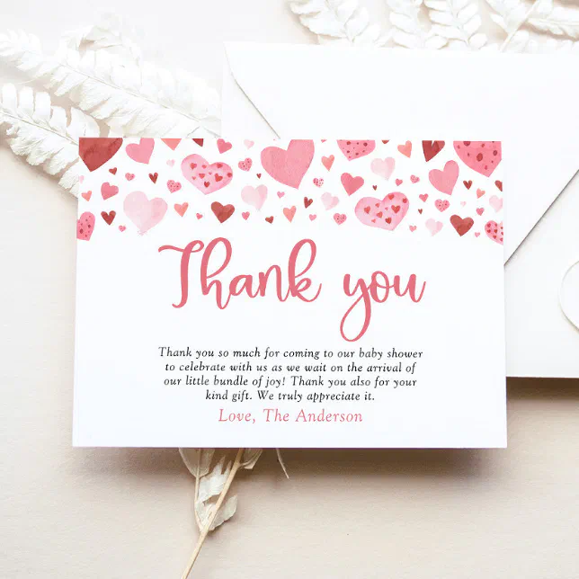 Pink Red Hearts Valentine Sweetheart Baby Shower Thank You Card | Zazzle