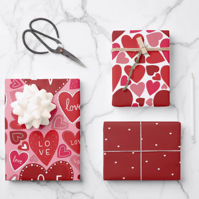 Pink Red Hearts Wrapping Paper Flat Sheet Set of 3 | Zazzle