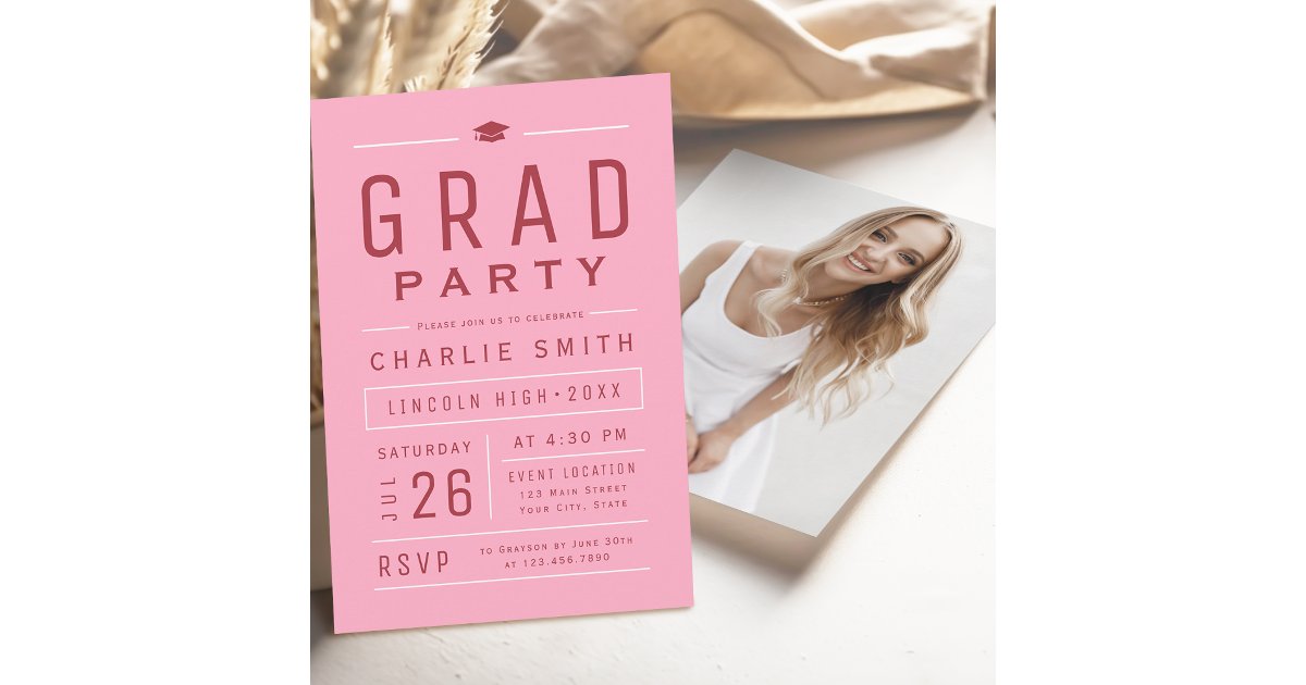 Pink Red Modern Simple Typography Graduation Party Invitation | Zazzle