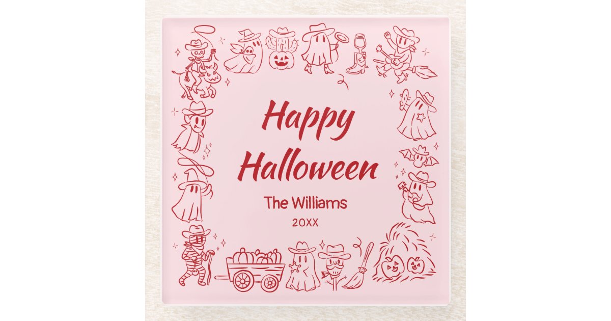 Pink Red Quirky Hand Drawn Doodles Halloween Glass Coaster | Zazzle