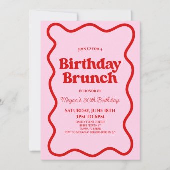 Pink Red Retro Wavy Border Birthday Brunch Party Invitation | Zazzle