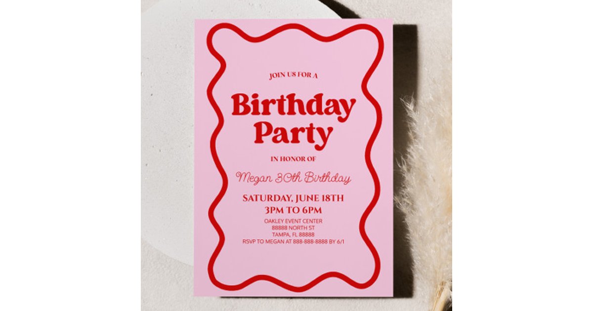 Pink Red Retro Wavy Border Birthday Party Invitation | Zazzle