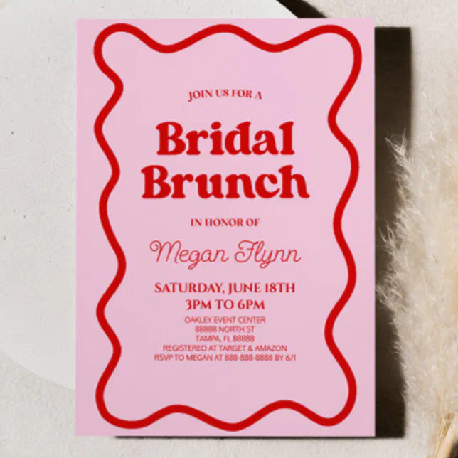 Pink Red Retro Wavy Border Bridal Shower Brunch Invitation | Zazzle