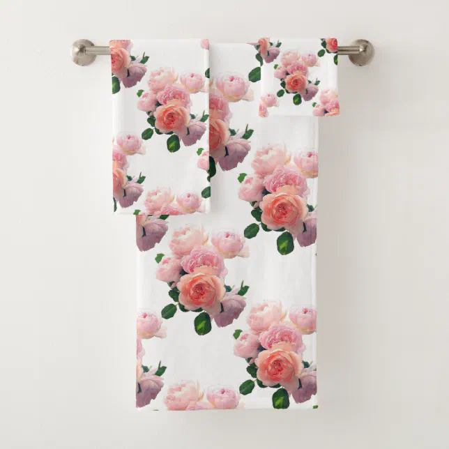 Pink Red Roses Modern Elegant Floral Template Bath Towel Set | Zazzle