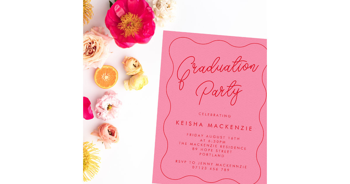 Pink & Red Squiggle Graduation Party Invitation | Zazzle