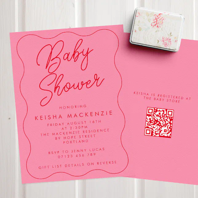 Pink & Red Squiggle QR Code Baby Shower Invitation | Zazzle